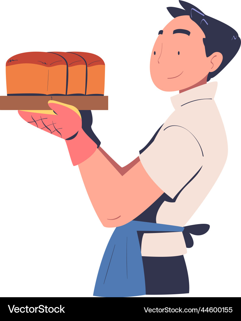 Man baker in apron holding freshly baked bread Vector Image