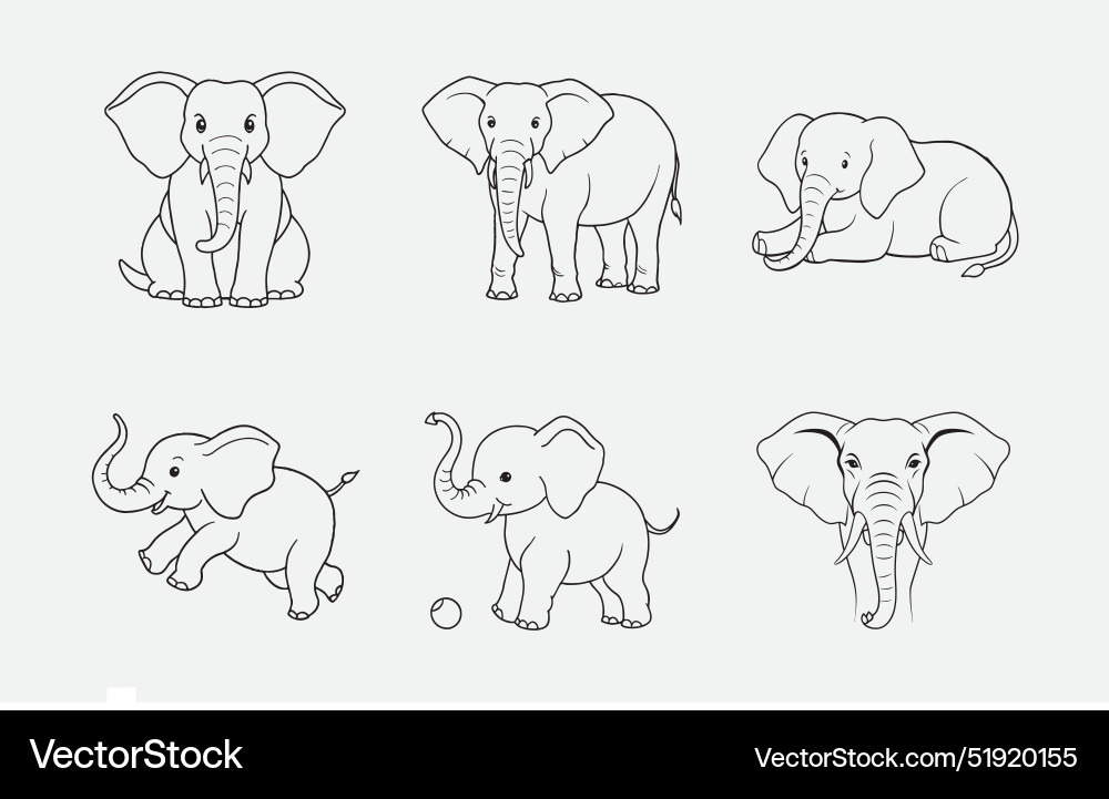 Print majestic elephant line art set Royalty Free Vector
