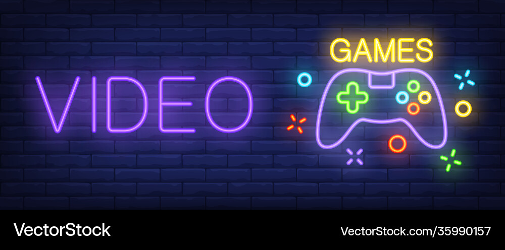 Video games neon text with controller Royalty Free Vector