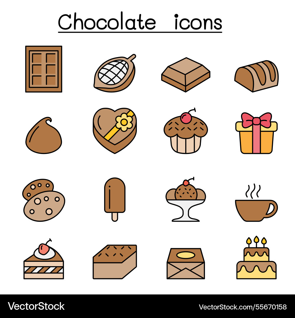 Chocolate icon set in color line style Royalty Free Vector
