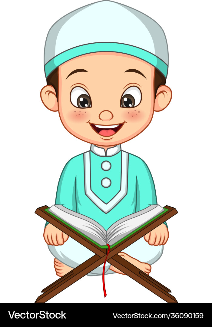 Cartoon muslim boy reading quran Royalty Free Vector Image
