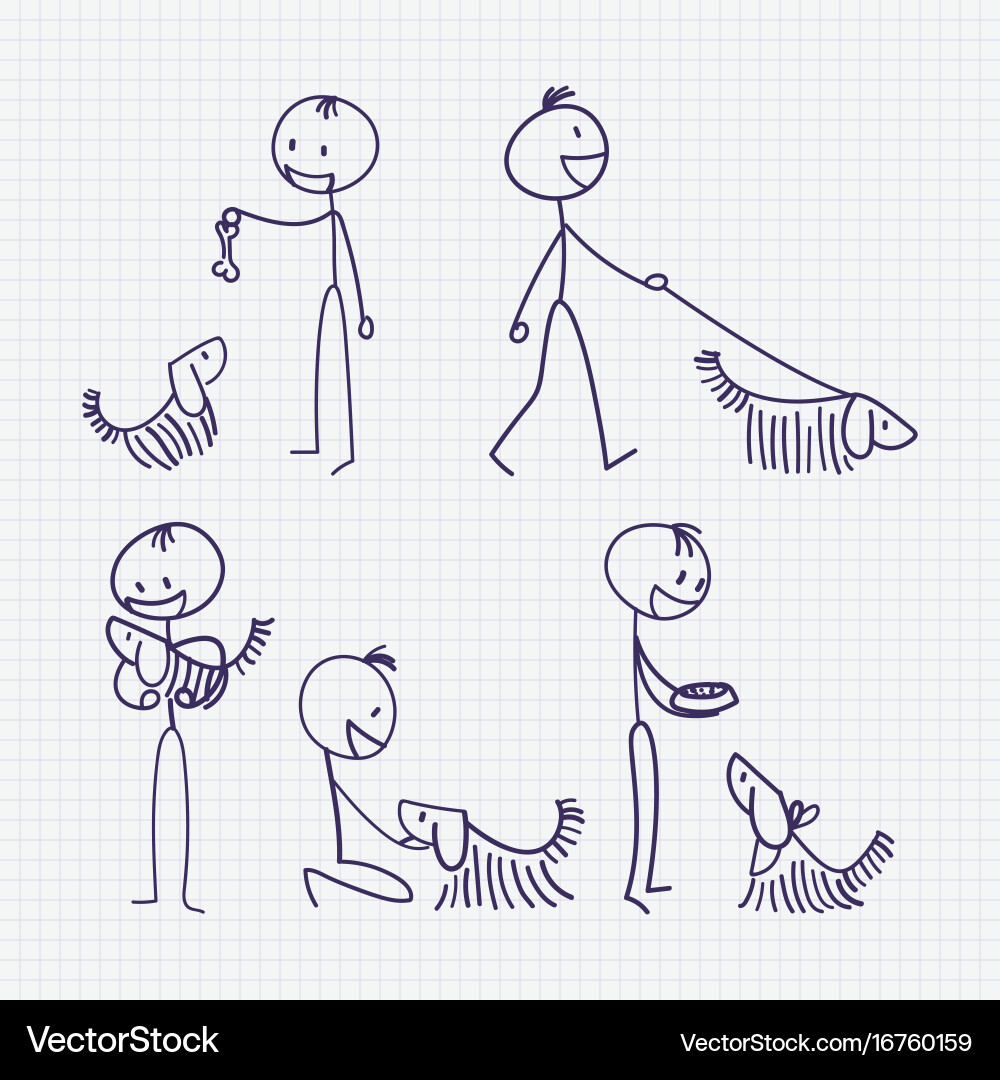 Stick man figure with pet dog different poses Vector Image