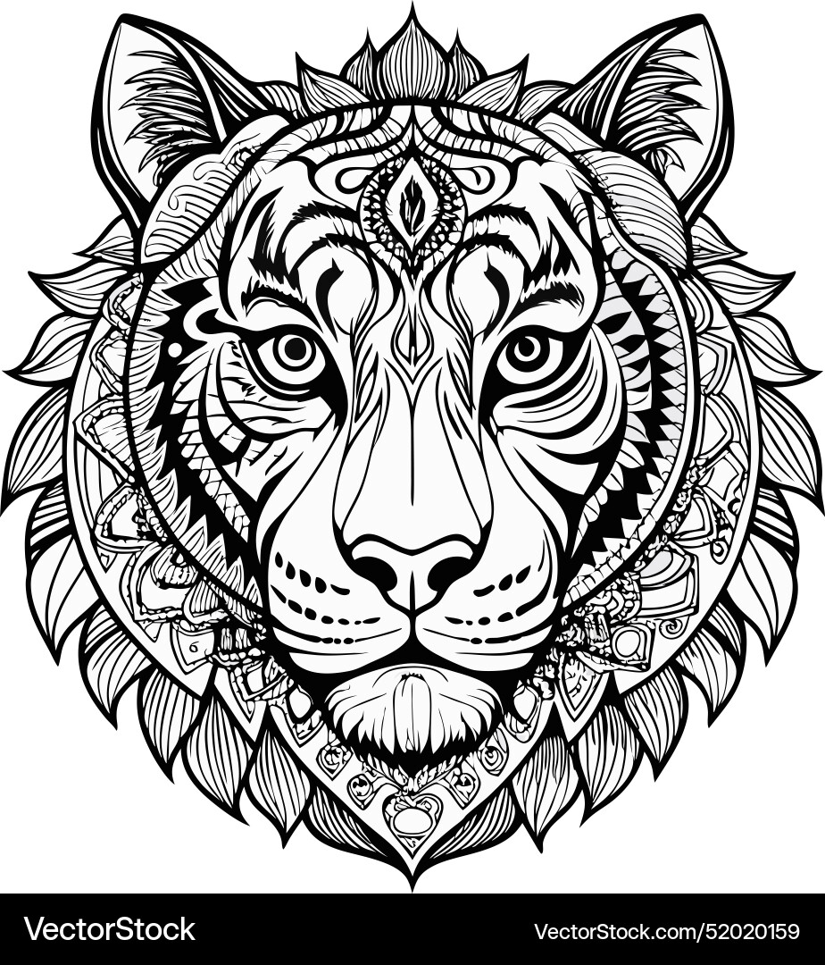 Tiger head mandala entangle coloring page Vector Image