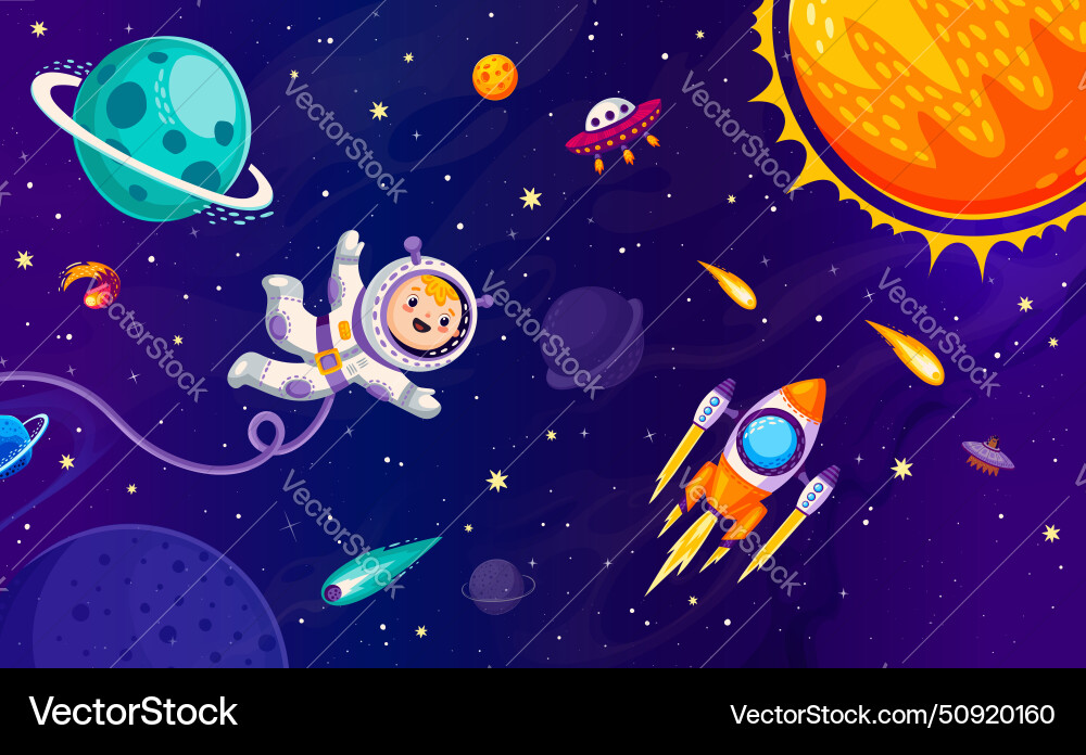 Cartoon kid astronaut character in outer space Vector Image