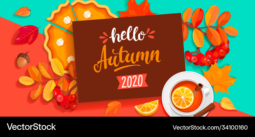 Hello autumn 2020 lettering with fall elements Vector Image
