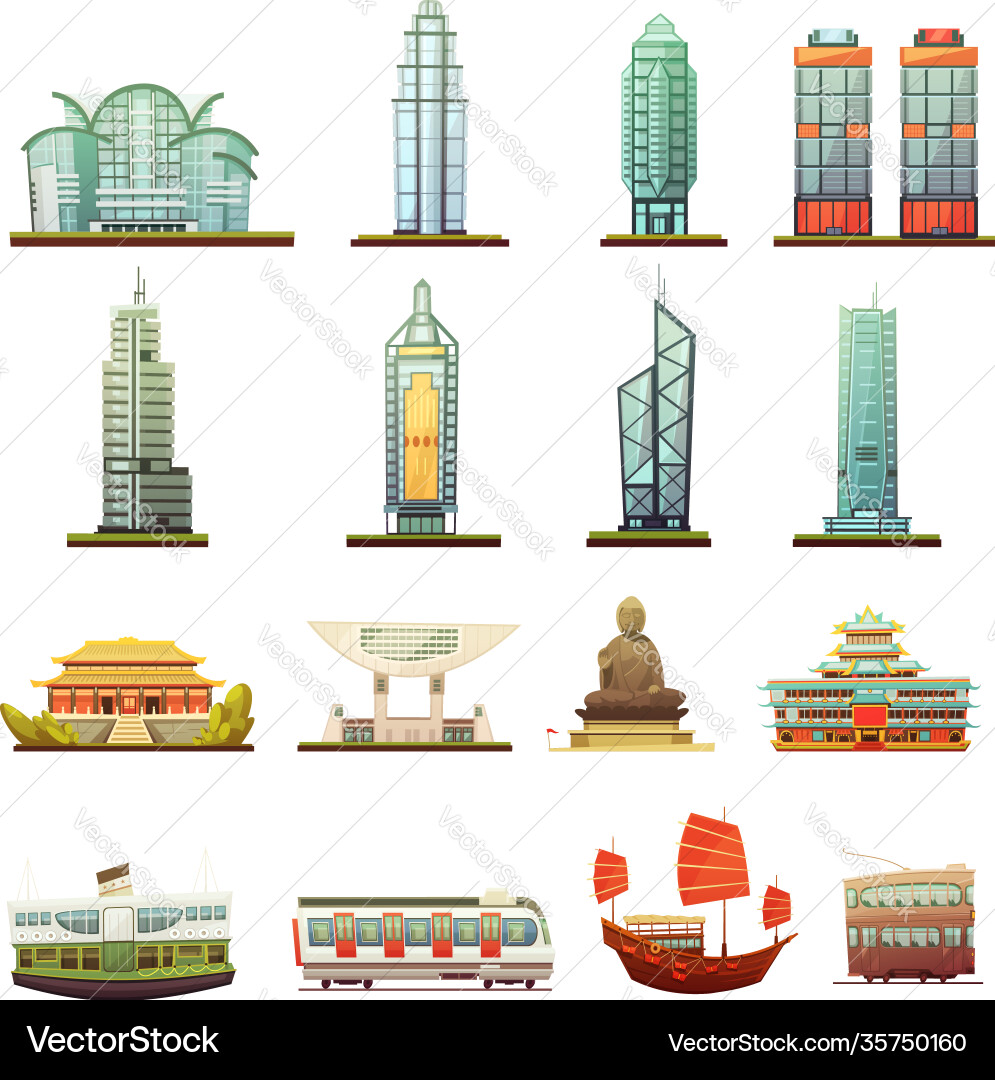 Hong kong landmarks transportation icons set Vector Image