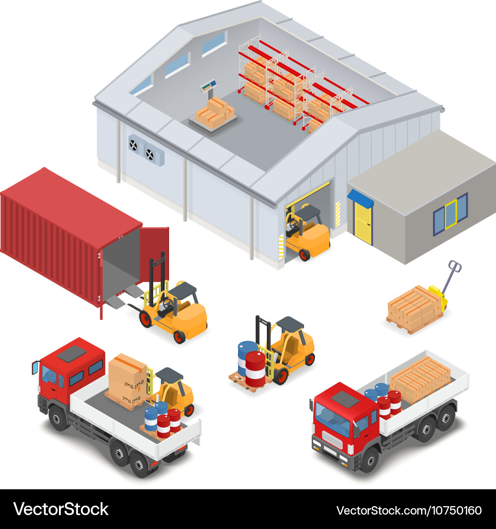Isometric warehouse industrial scene Royalty Free Vector