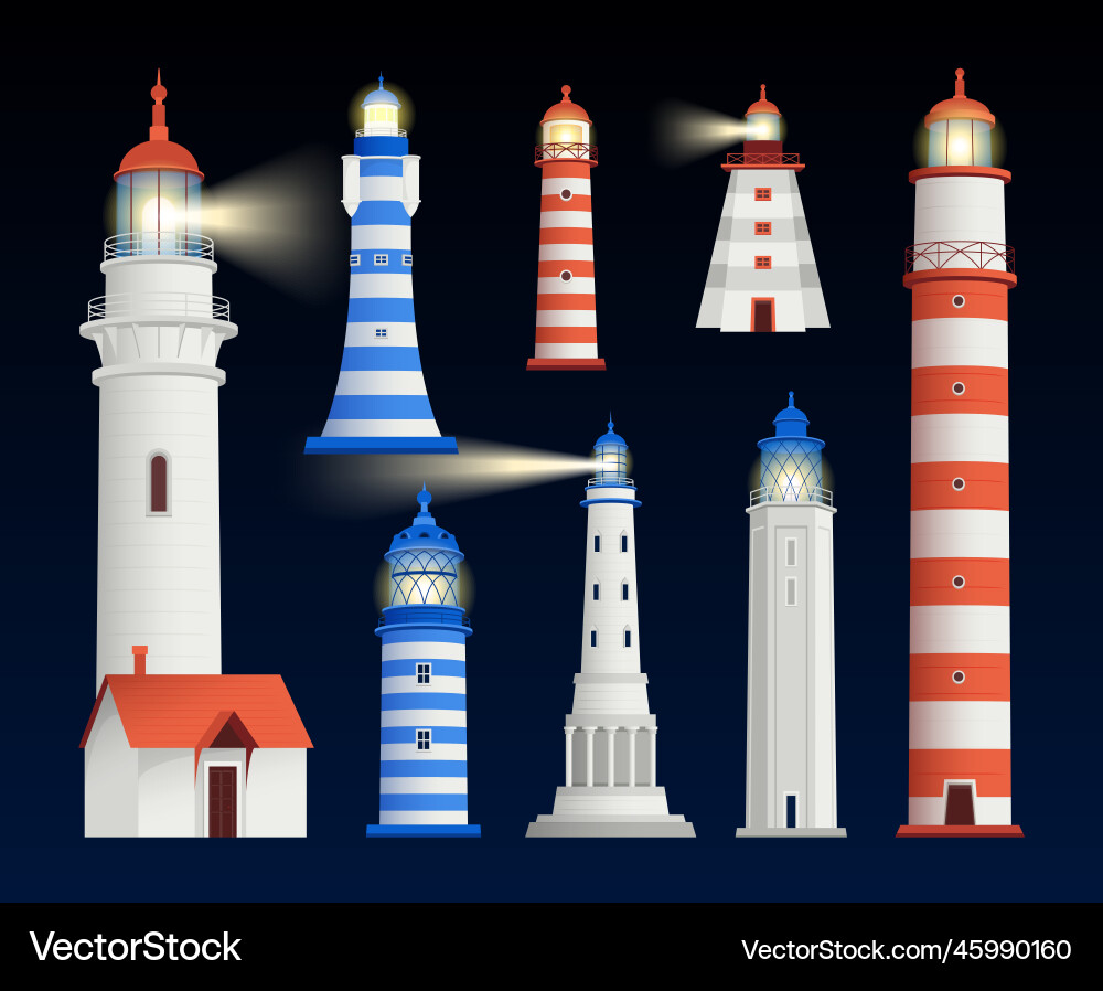 Lighthouse night towers set Royalty Free Vector Image