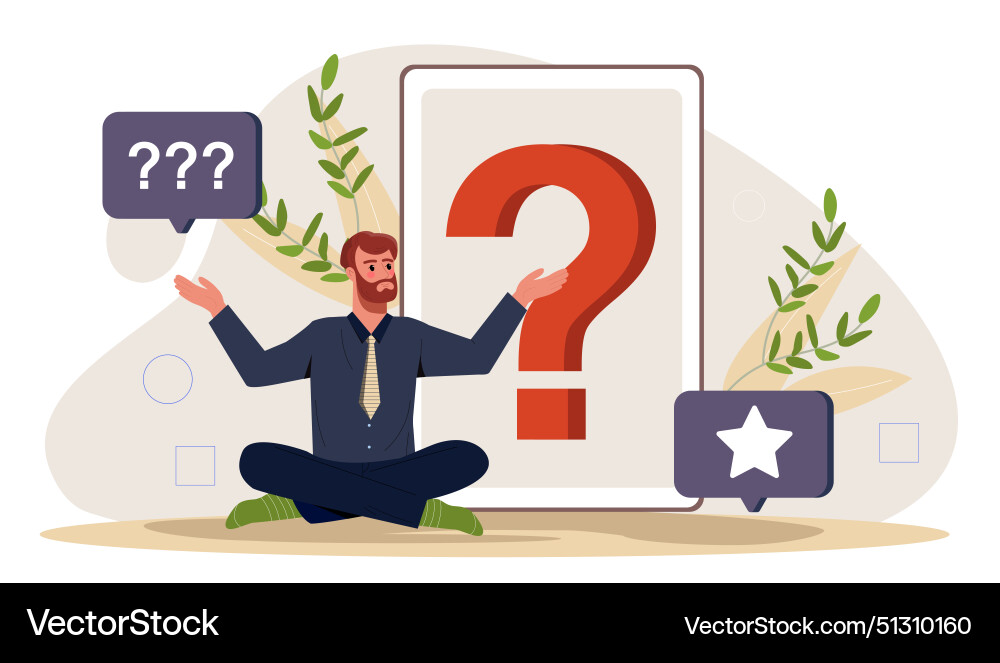 Man sitting next to a large question mark sign Vector Image