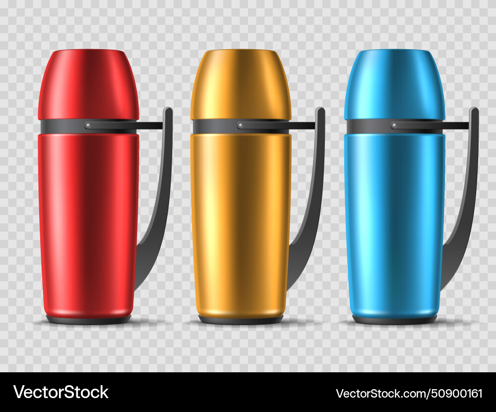 Realistic thermos different colors 3d hiking Vector Image