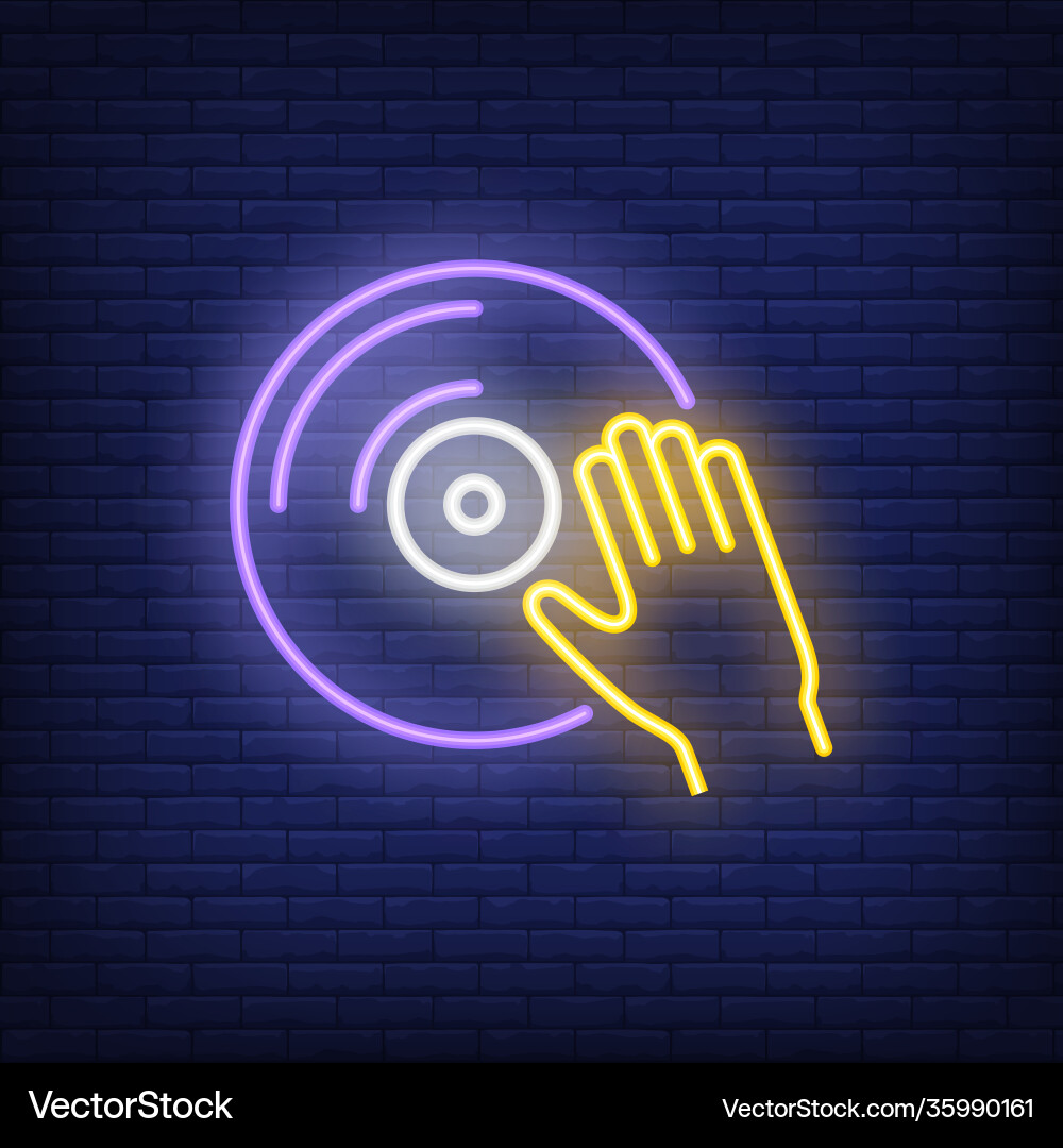 Vinyl disk with hand neon sign Royalty Free Vector Image