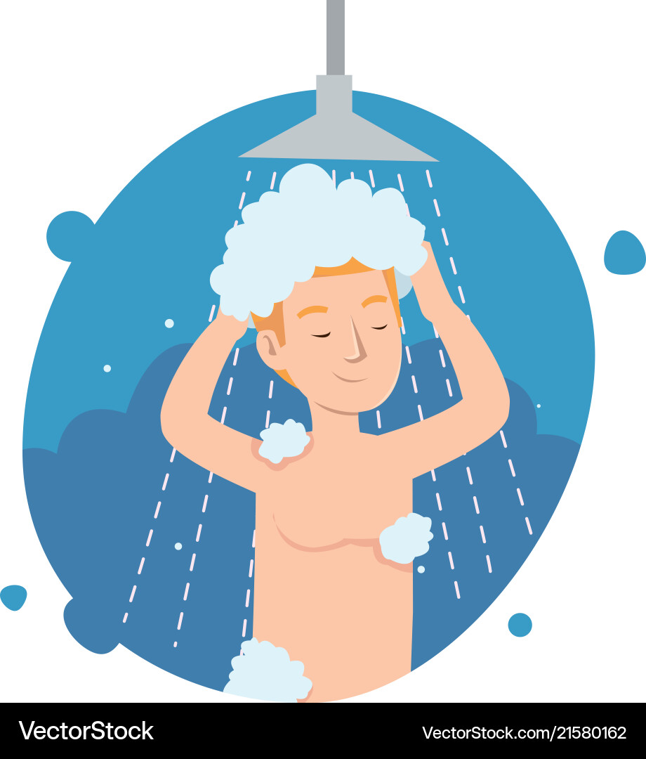 Funny young man taking shower in bathroom Vector Image