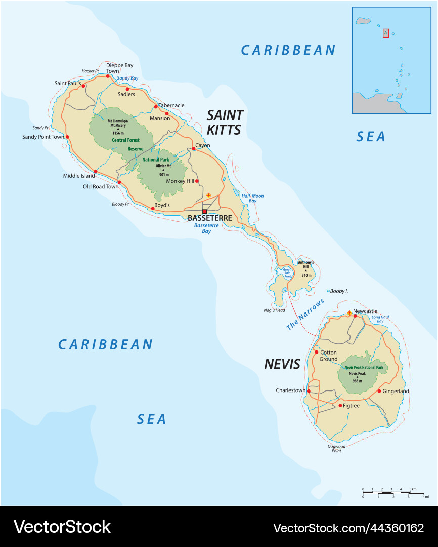 Nevis Road Map Saint Kitts Nevis Map Vector Illustration Silhouette