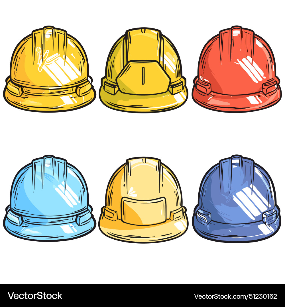 Six colorful construction hard hats arranged two Vector Image