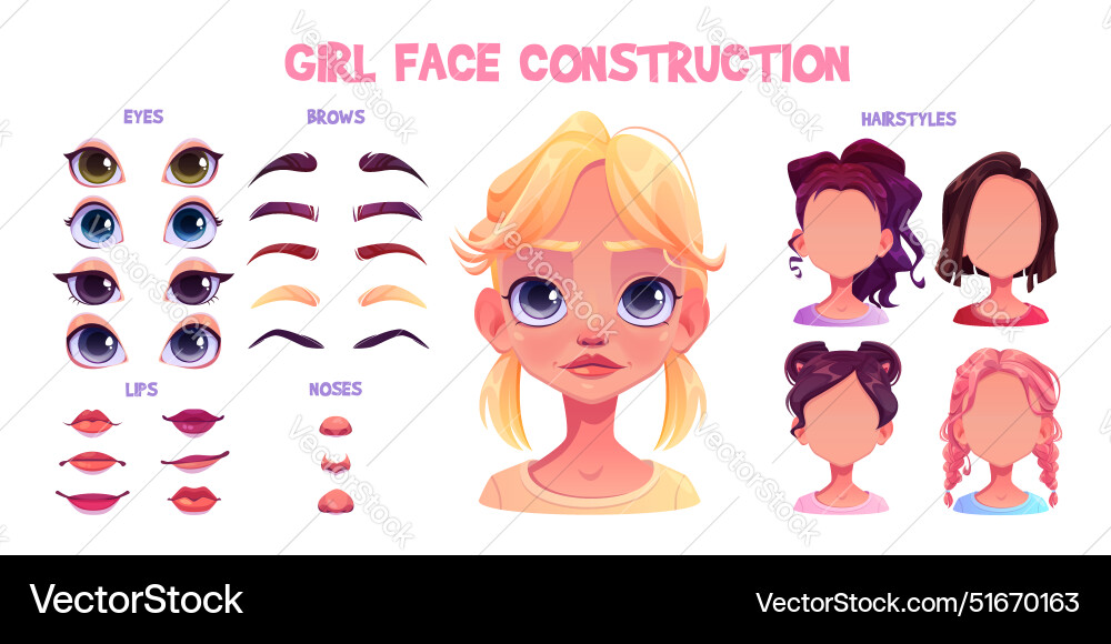 Girl character face construction for avatar Vector Image