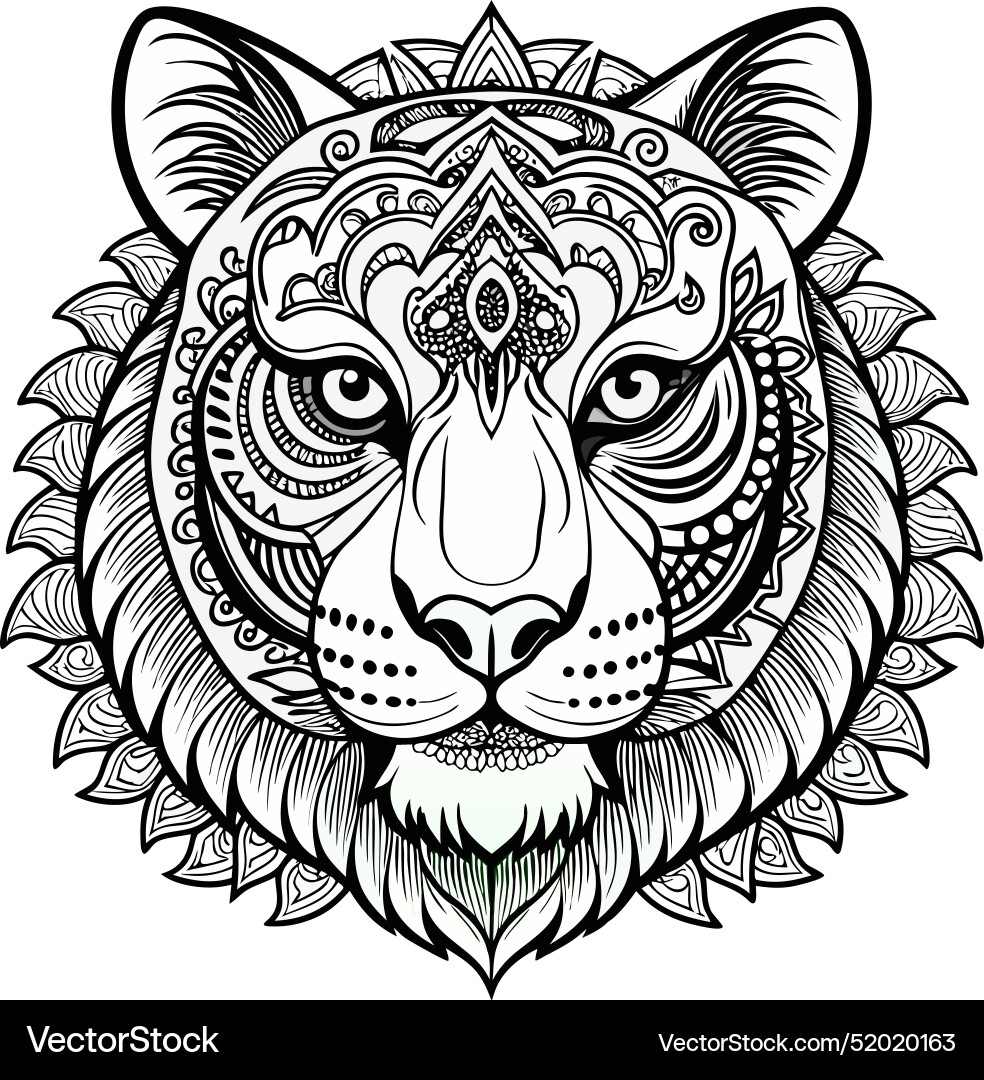 Tiger head mandala entangle coloring page Vector Image