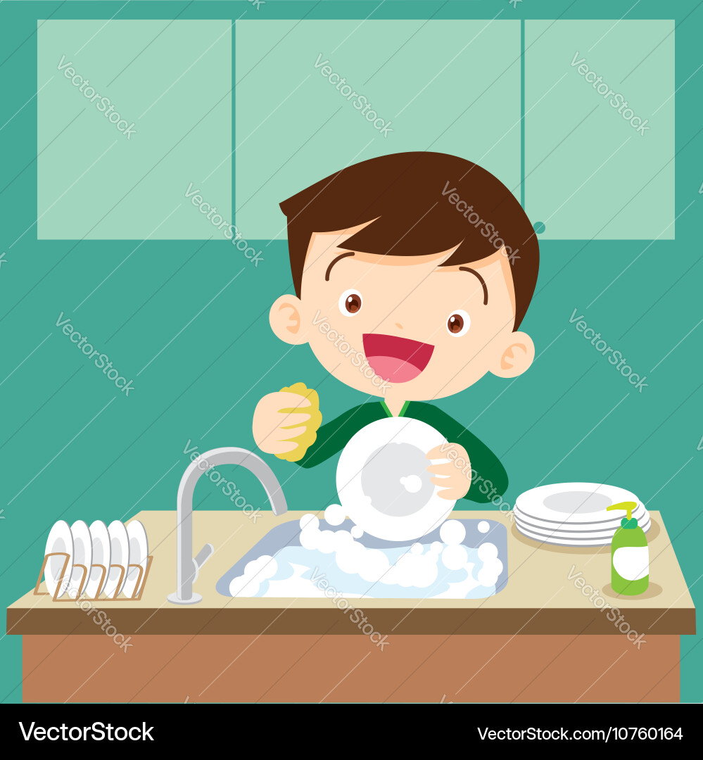 Cute boy dish washing Royalty Free Vector Image