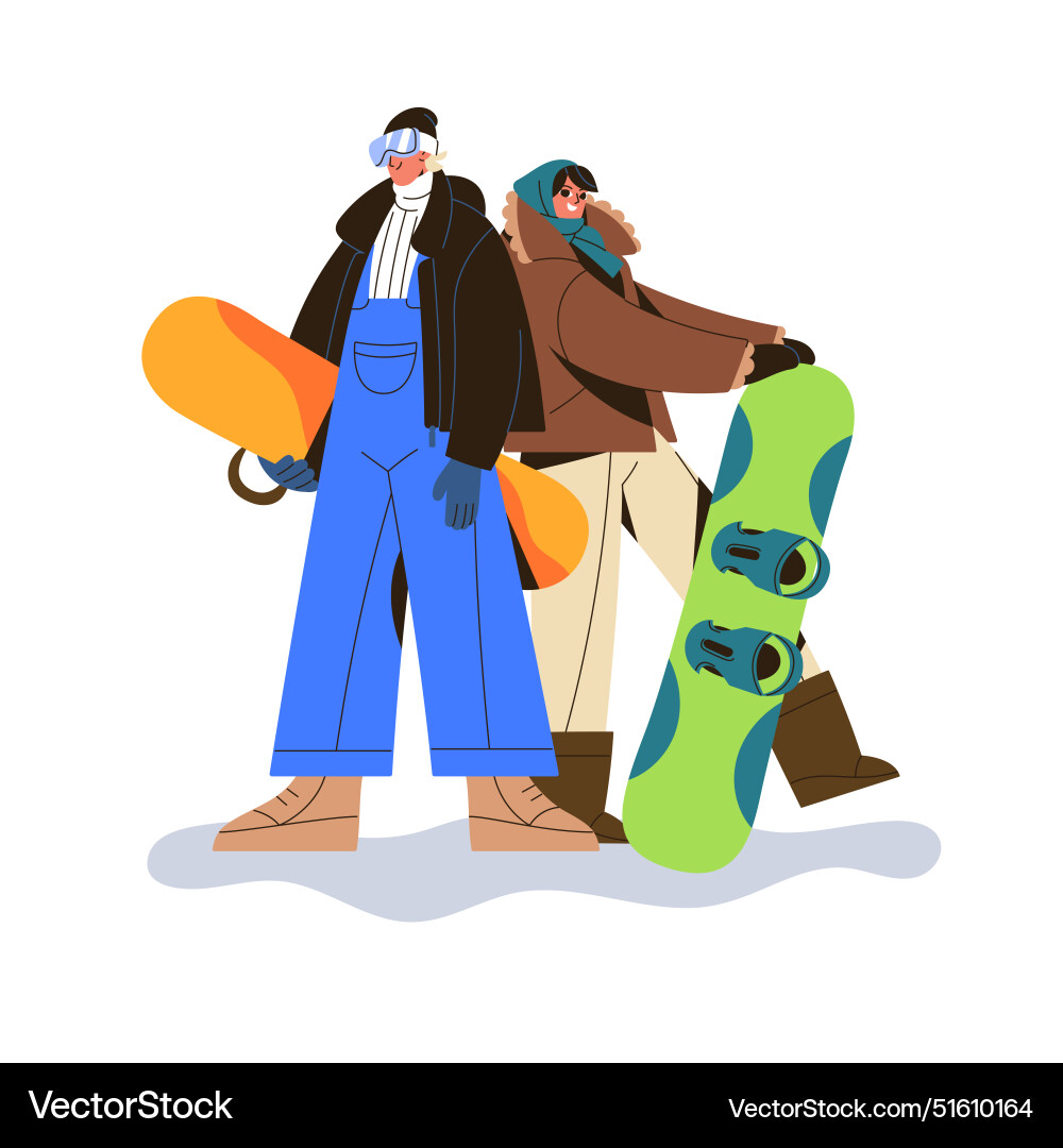 Friends in equipment hold boards hands posing Vector Image