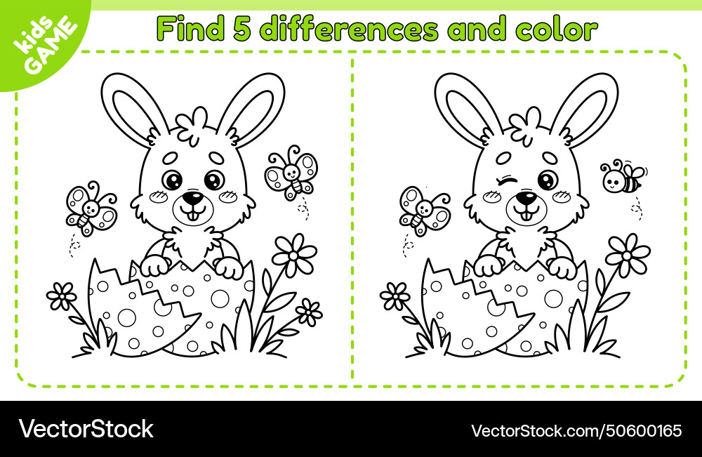 Easter outline game find differences with rabbit Vector Image
