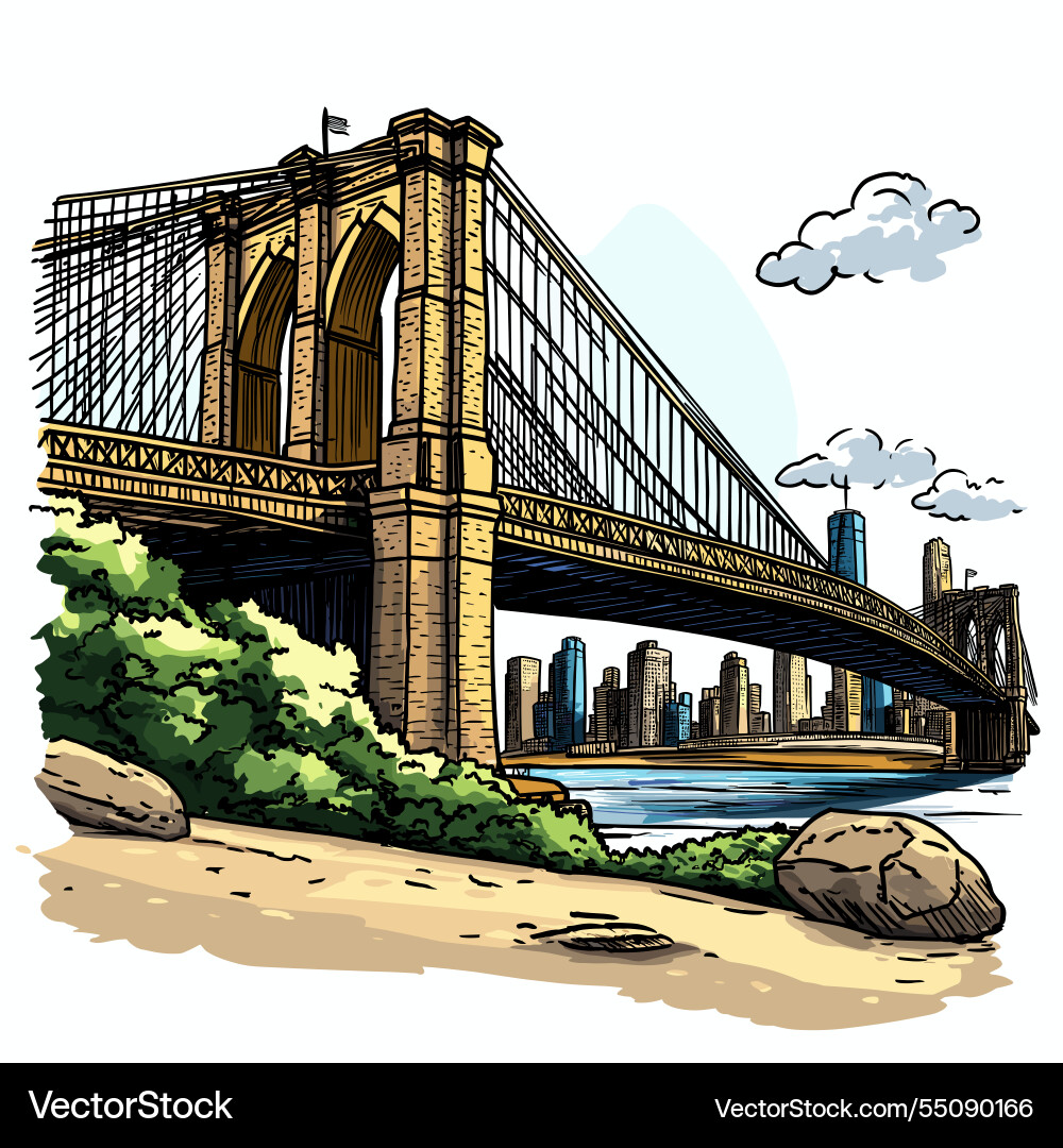 Brooklyn bridge in new york comic hand-drawn Vector Image