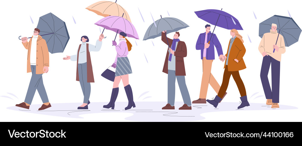 Crowd walk at rain or storm rainy protection Vector Image