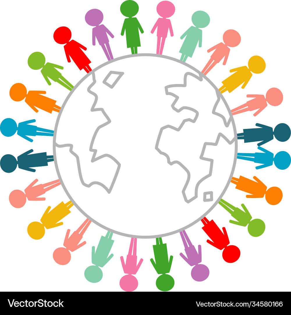 People symbols in different color with globe Vector Image