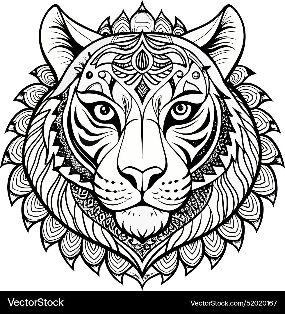 Tiger head mandala entangle coloring page Vector Image