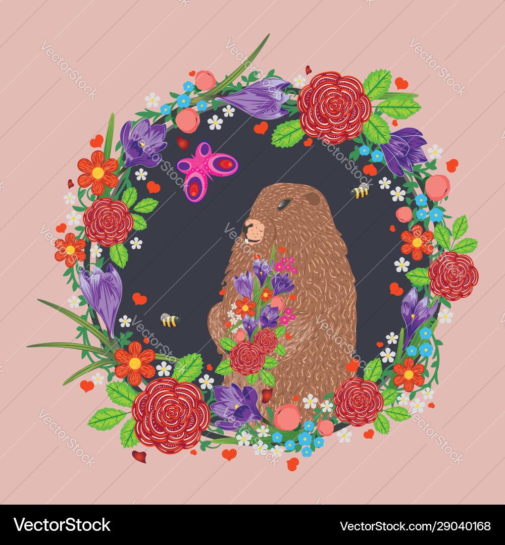 Groundhog day card with flowers Royalty Free Vector Image
