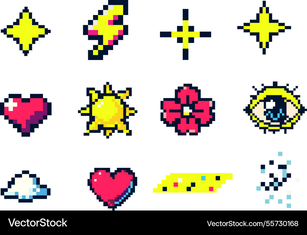 Pixel Kunst-Icon-Set mit herzheller Sonne Vektorbild