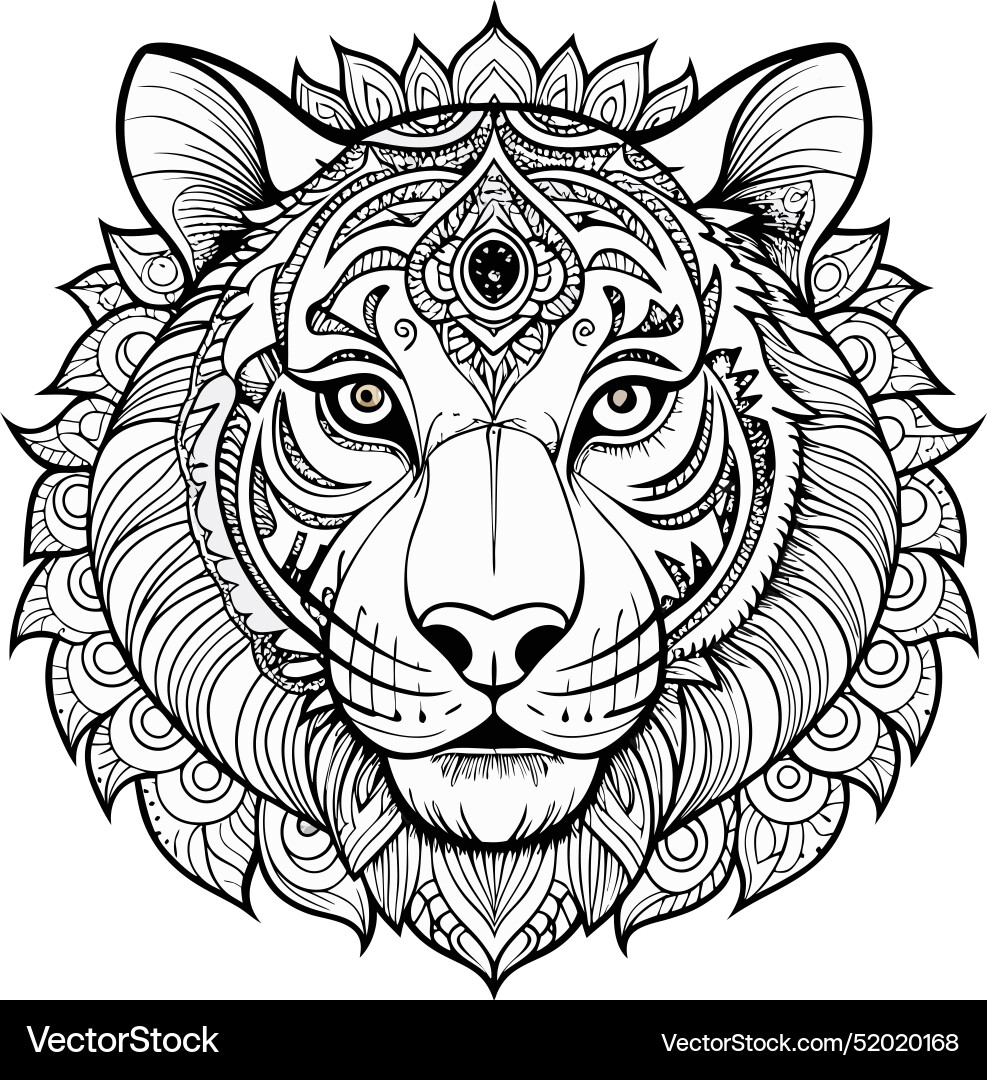 Tiger head mandala entangle coloring page Vector Image