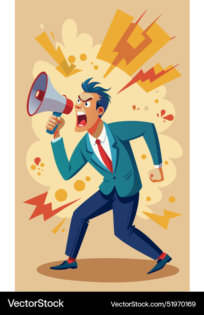 Angry businessman shouting with megaphone Vector Image