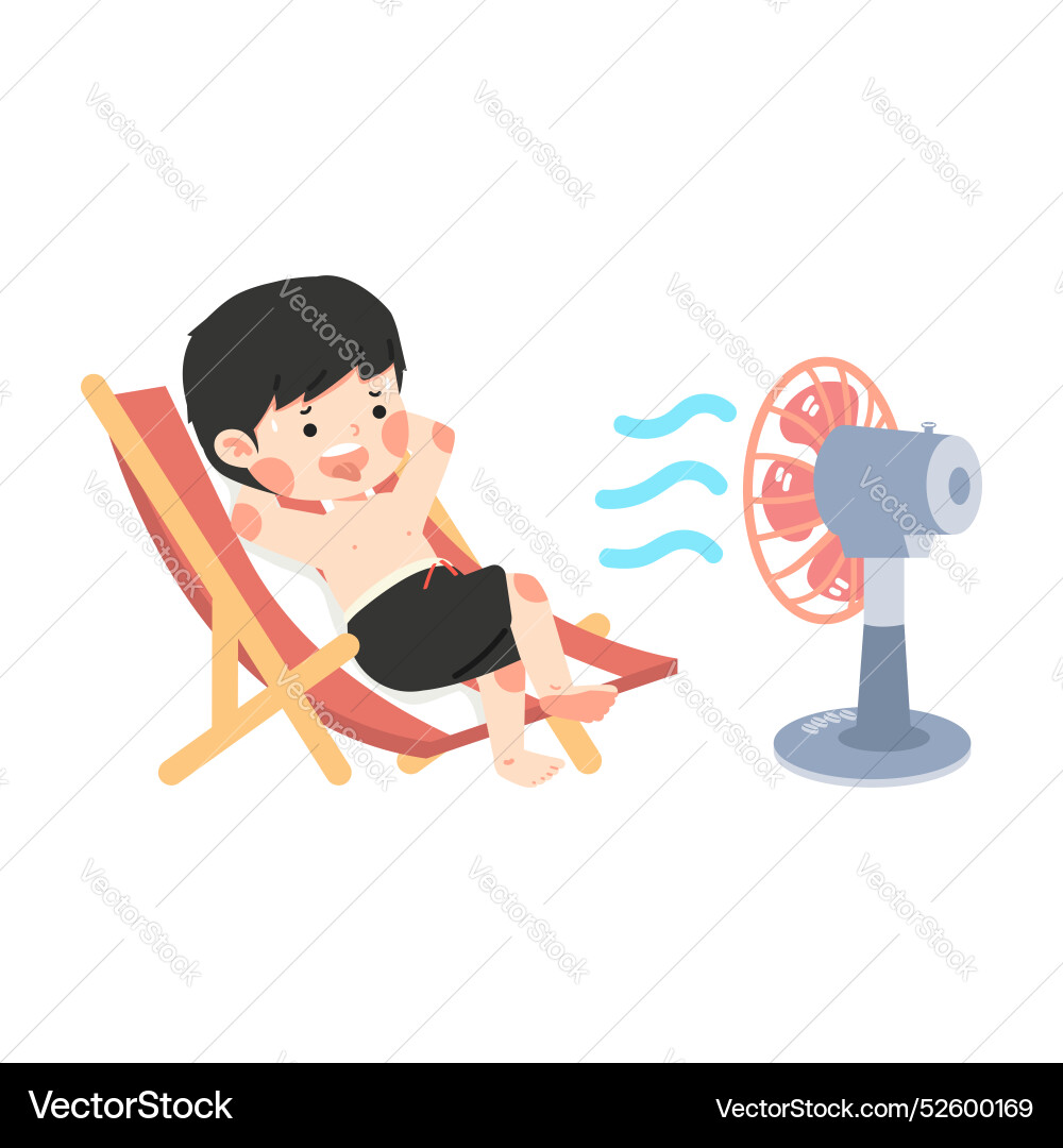 Boy is sweating in hot weather while using a fan Vector Image