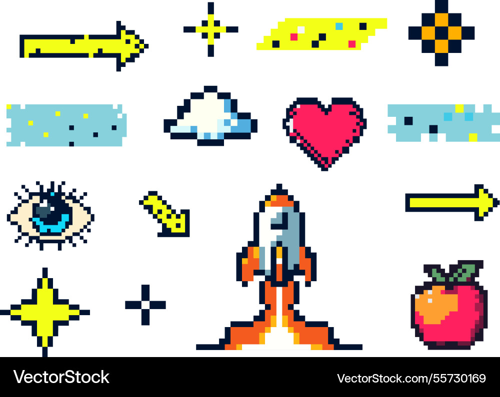 Pixel art icon set with rocket heart cloud Vector Image