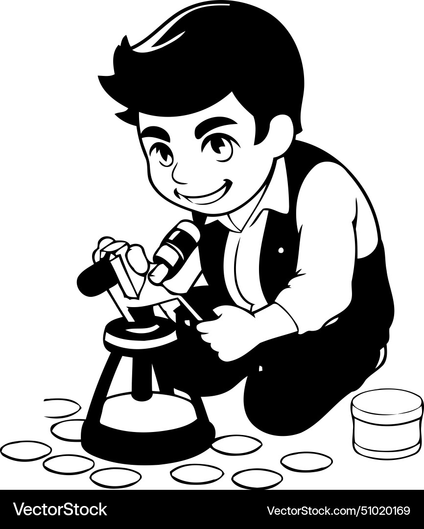 Scientist boy working with microscope in cartoon Vector Image