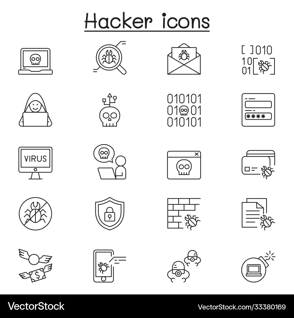 Set hacker related line icons contains Royalty Free Vector