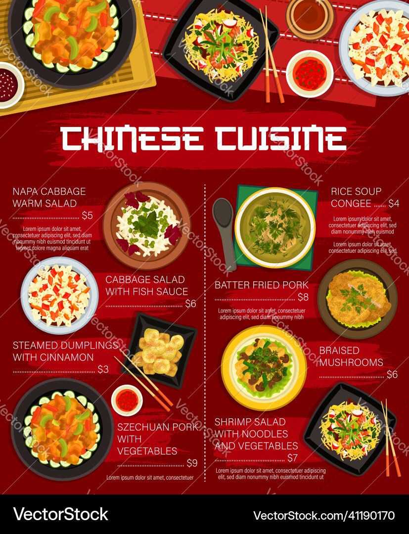 Chinese cuisine restaurant menu food Royalty Free Vector