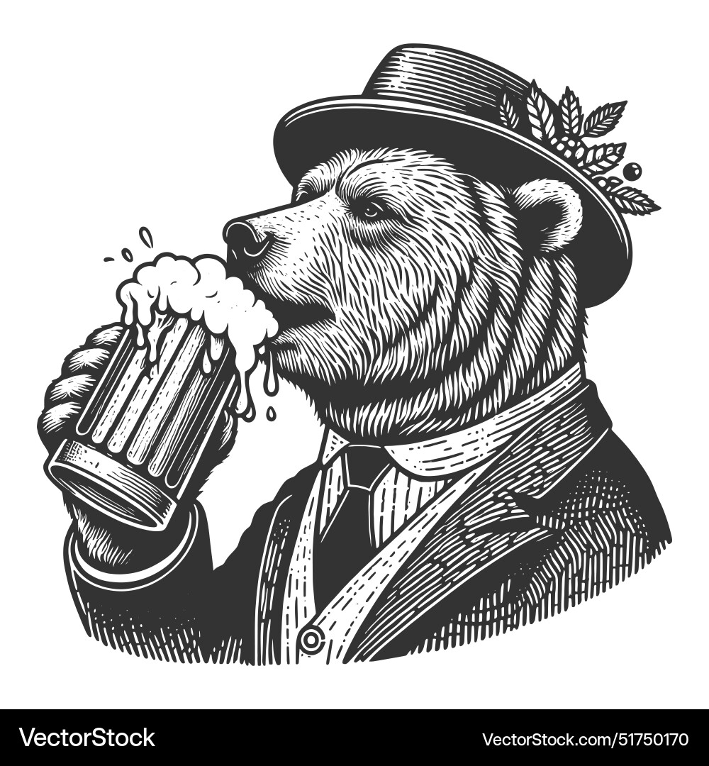 Dapper bear drinking beer engraving Royalty Free Vector