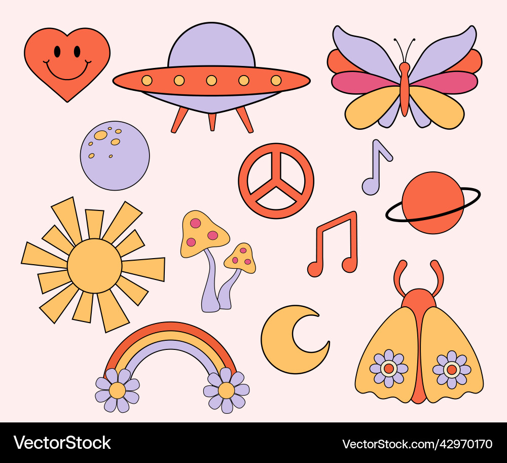 Groovy retro stickers in 1970 style set Royalty Free Vector
