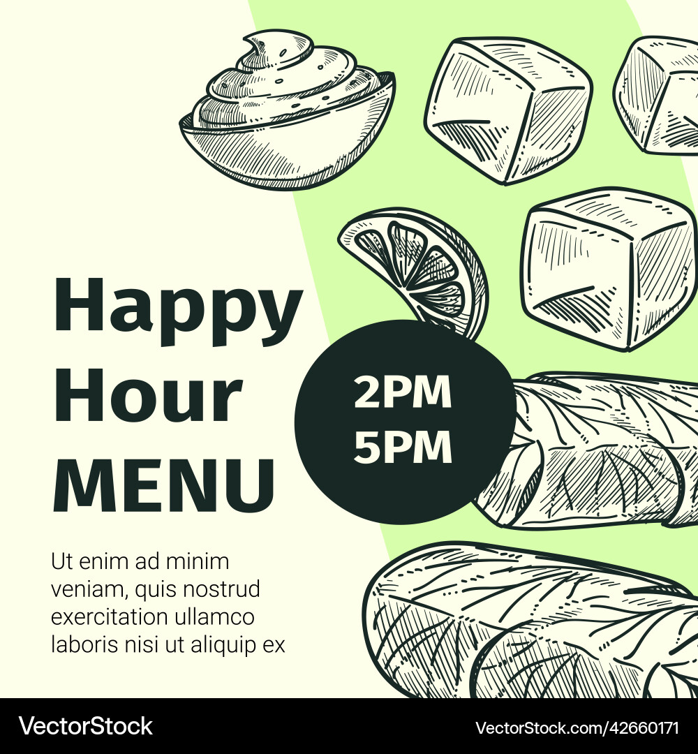 Happy hour menu in restaurant or cafe banner Vector Image
