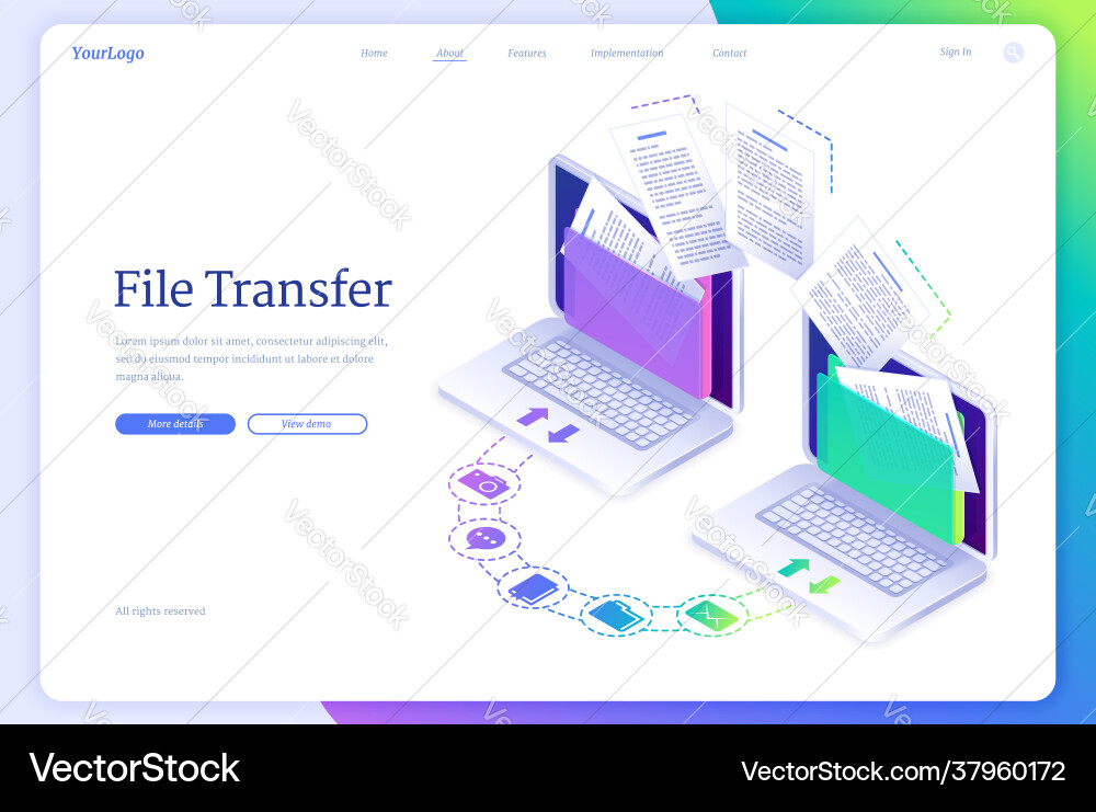 File transfer isometric landing data migration Vector Image