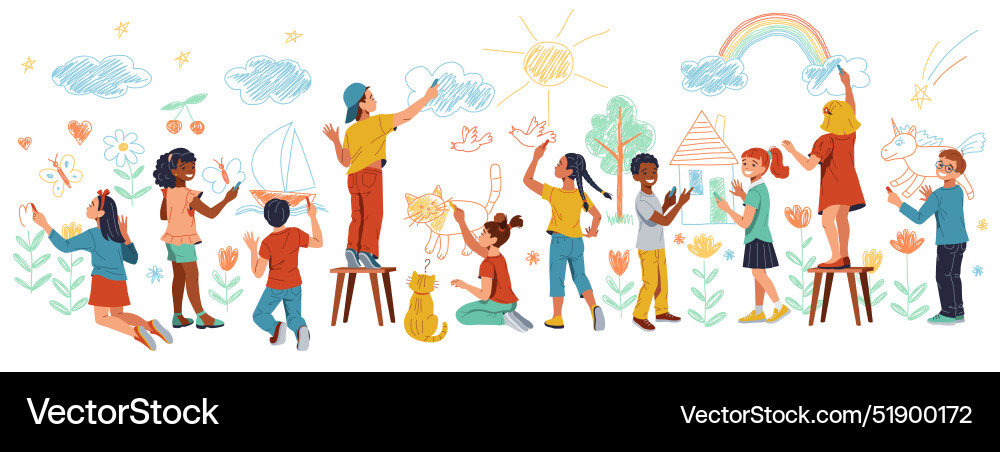 Little children drawing with chalks on wall Vector Image