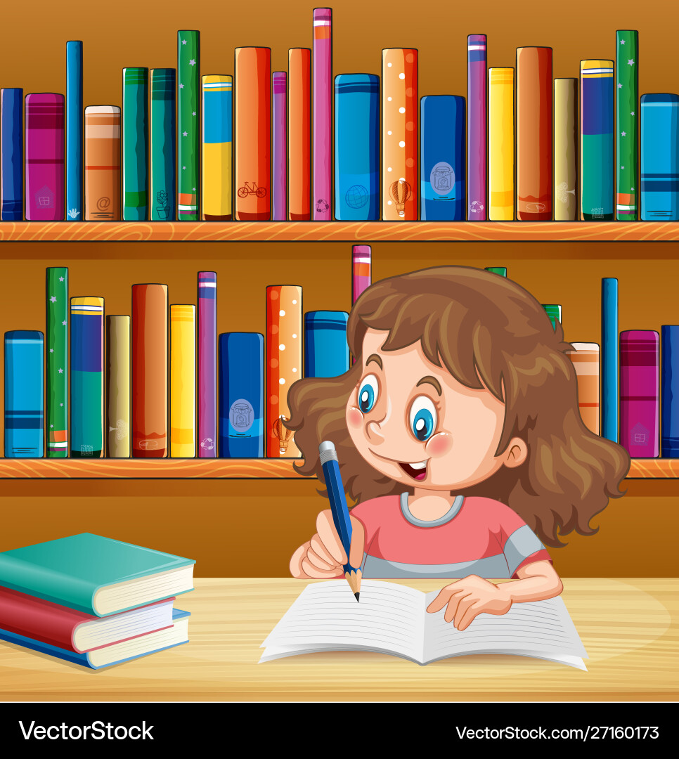 Cute girl writing in notebook library Royalty Free Vector