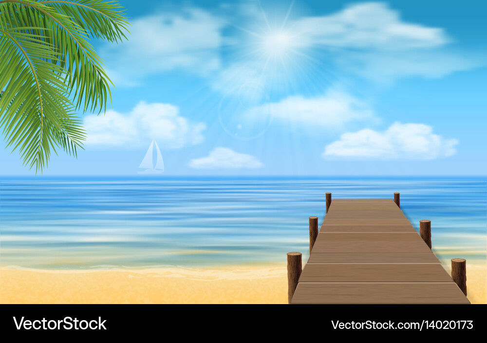 Sea beach and wooden jetty Royalty Free Vector Image