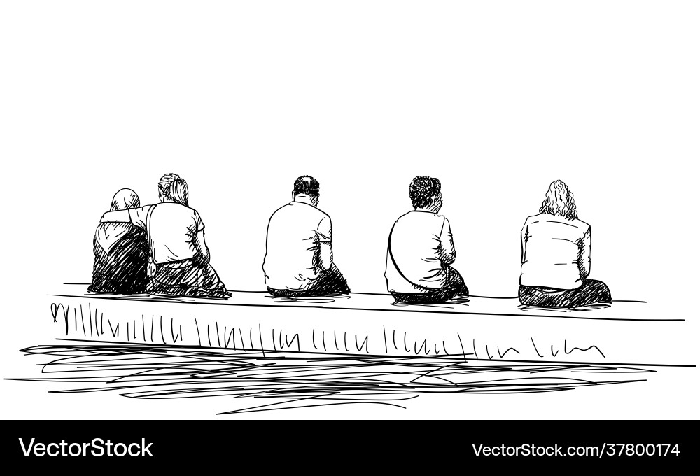 Group people sitting on bench in line keep Vector Image