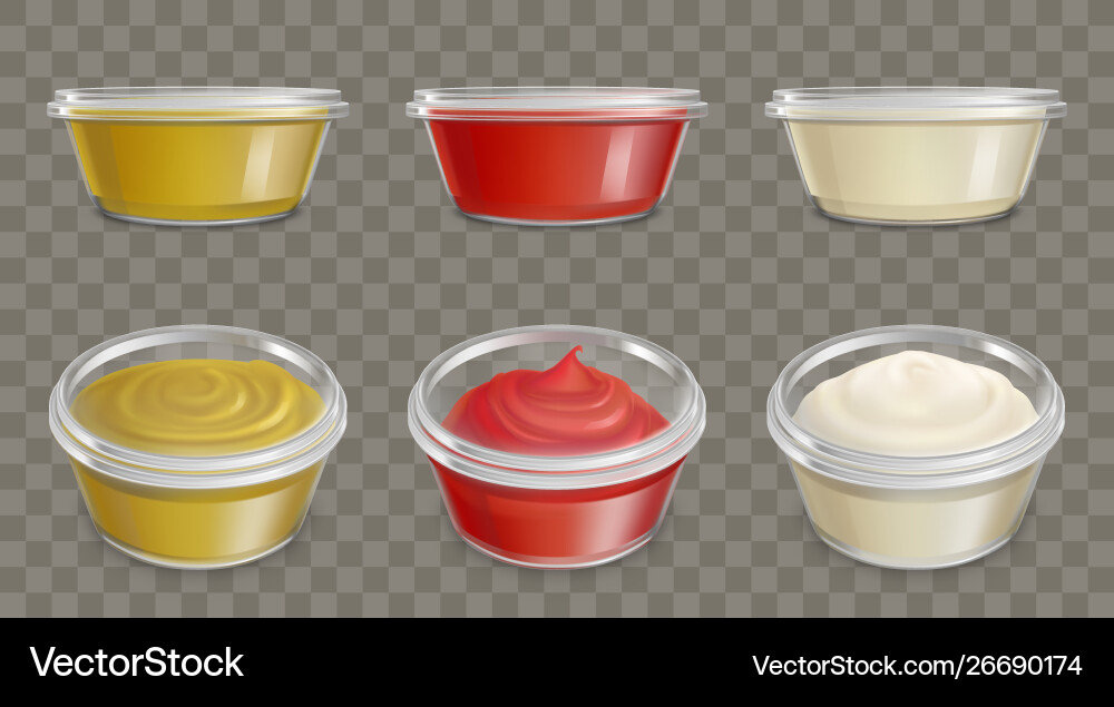 Plastic containers for sauces realistic set Vector Image