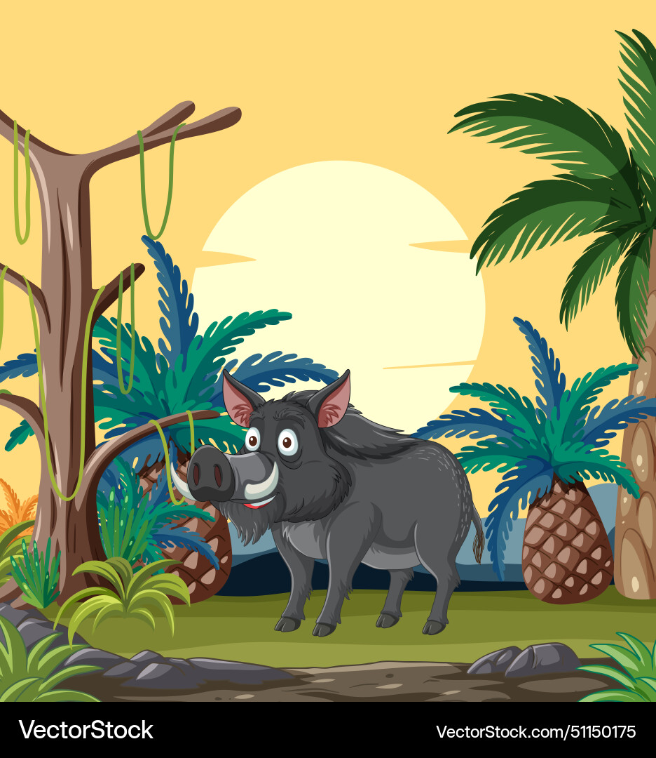 A happy boar in lush jungle Royalty Free Vector Image