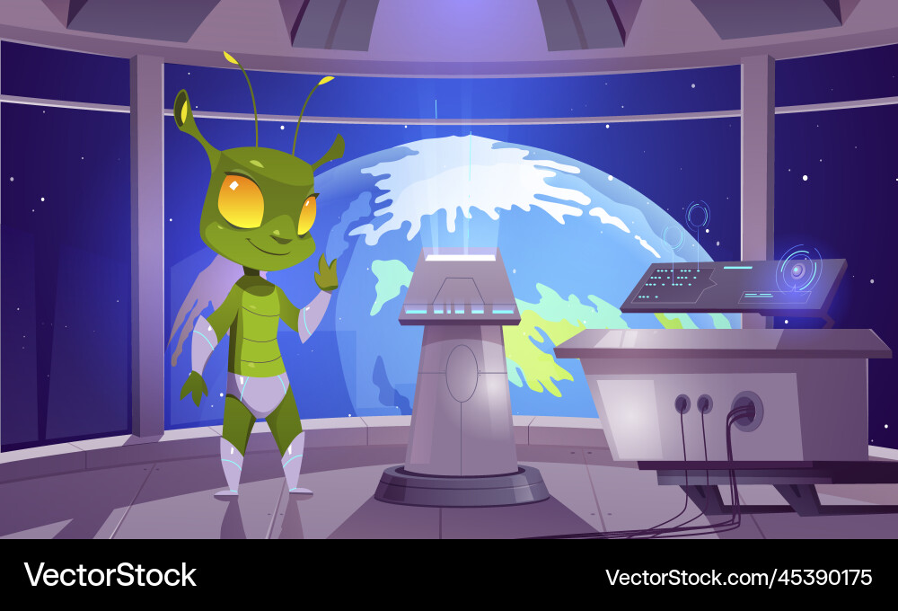 Cartoon alien in spacecraft approaching earth Vector Image