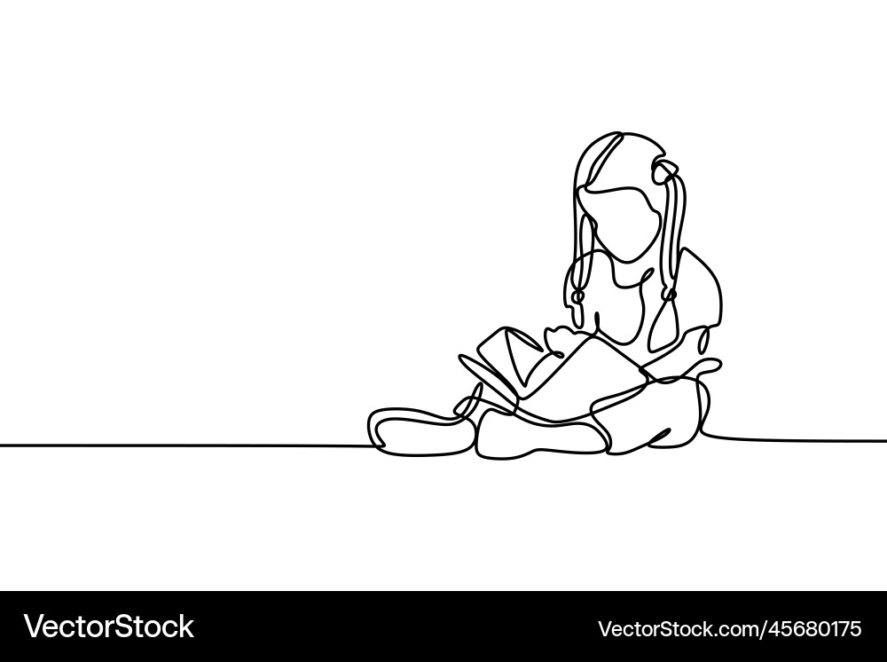 Cute children continuous one line drawing reading Vector Image