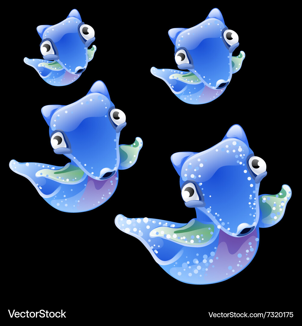 Four blue fictional fish on a black background Vector Image