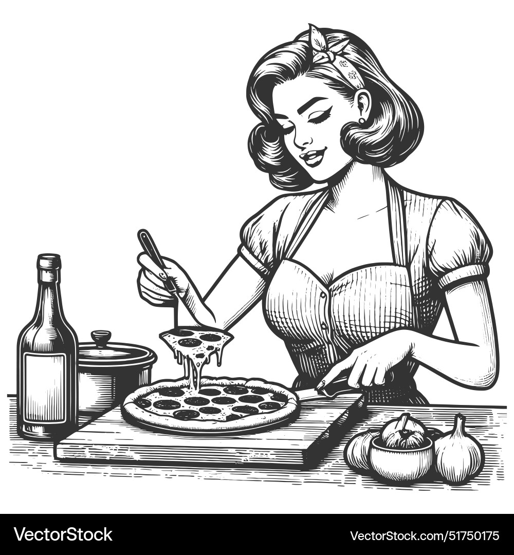 Retro Woman Making Pizza Sketch Royalty Free Vector Image